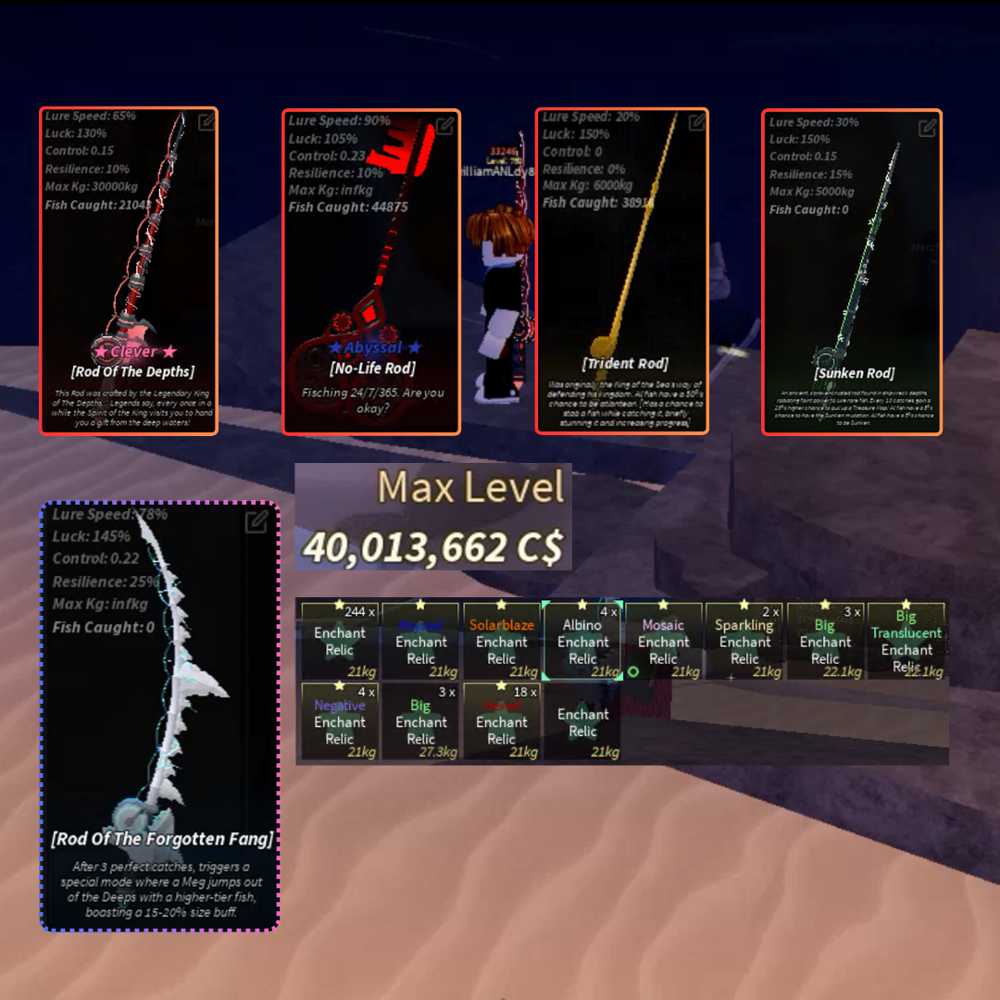 SALE[Fisch] ID95: Level 750 Max 40M+ C$ - Rod Of The Forgotten Fang ...