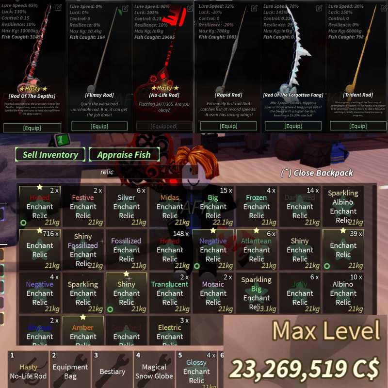 SALEID400Fisch: Level 750 Max 23M C$ X2 Exp - 150x Hexed Relic - Rod of ...