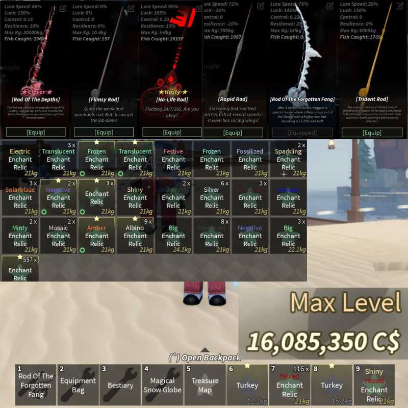 SALEID377Fisch: Level 750 Max 16M C$ X2 Exp - 116x Hexed Relic - Rod of ...