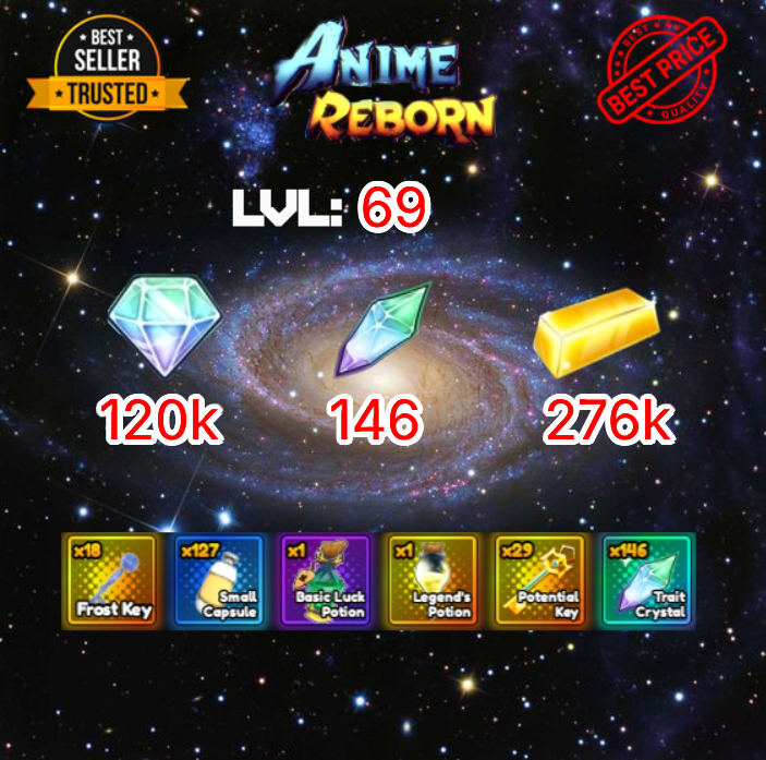 [Auto Delivery]ID 536 - Lv69 - 120K Gems, 146 Traits Crystal,Anime Reborn