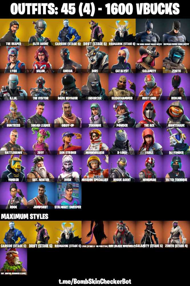45 SKINS+TAKE THE L+THE REAPER+ELITE AGENT+OMEGA+ORANGE JUSTICE+ZOEY ...