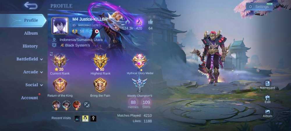 ML351/Lvl 58/ALL EMBLEM MAX/88 HEROES/109 SKIN/GUSION EPIC/MARTIS ...