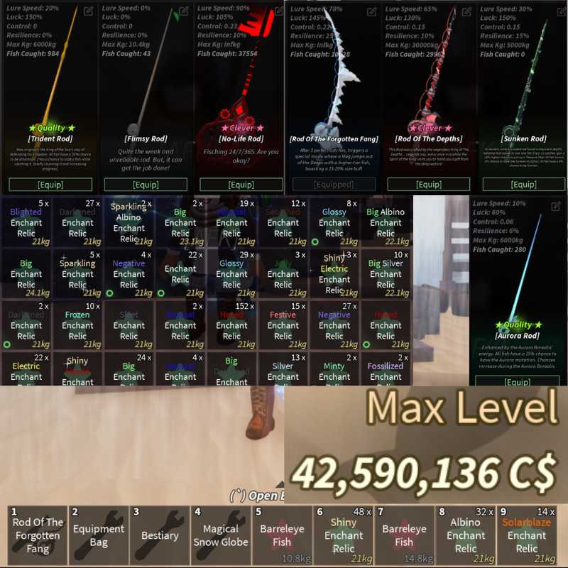 SALEID490Fisch: Level 750 Max 42M C$ - 152x Hexed Relic - Rod of the ...