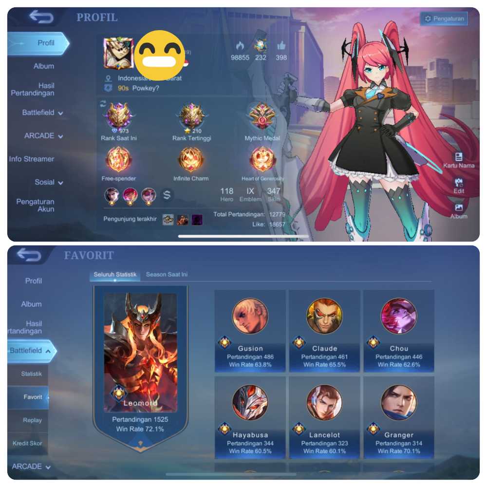 High win rate. 342 Skins. 2 Legend. 5 KOF (Chou, Gusion, Guinevere ...