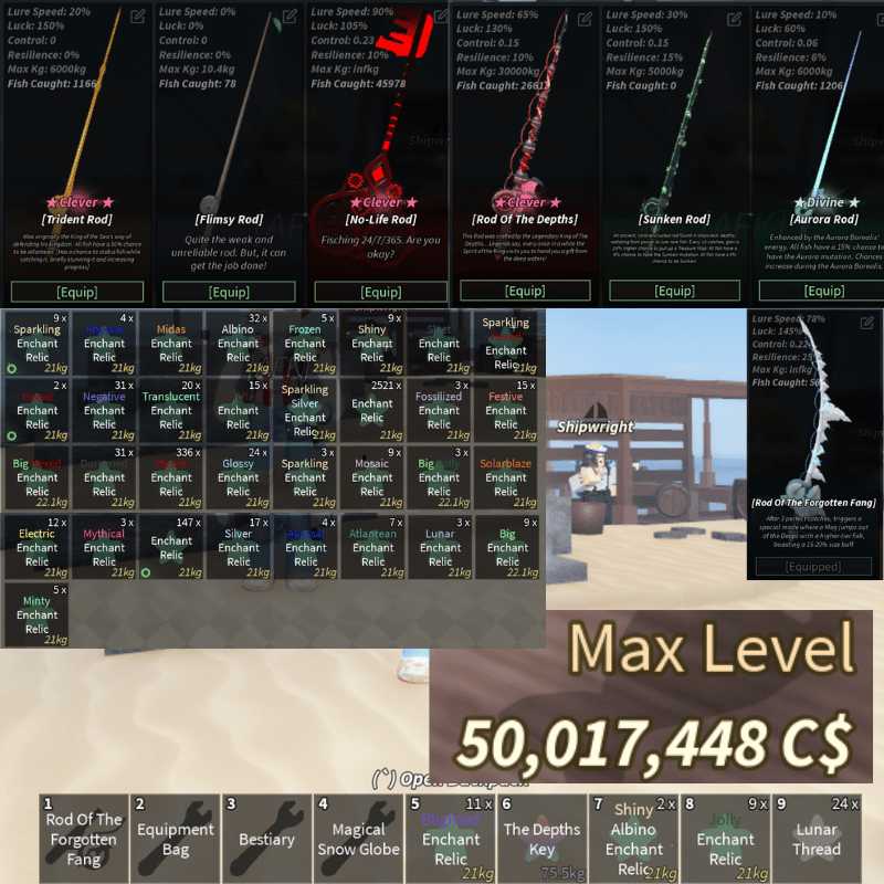 SALEID504Fisch: Level 750 Max 51M C$ - 356x Hexed Relic - Rod of the ...