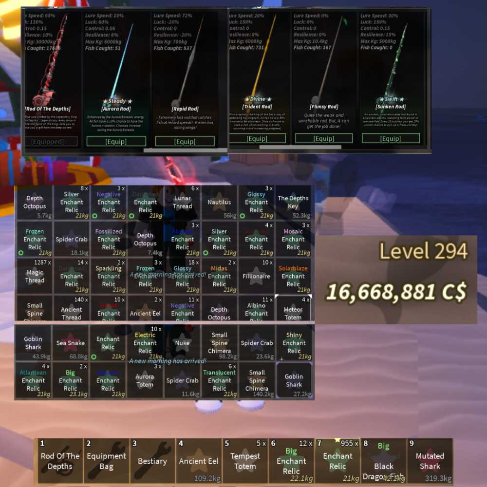 ID 46Fisch: Level 294 - 16m6 C$ - ,- Sunken Rod-Aurora Rod -Trident rod ...