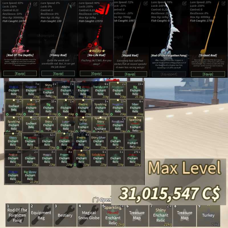 SALEID383Fisch: Level 750 Max 31M C$ X2 Exp - 270x Hexed Relic - Rod of ...