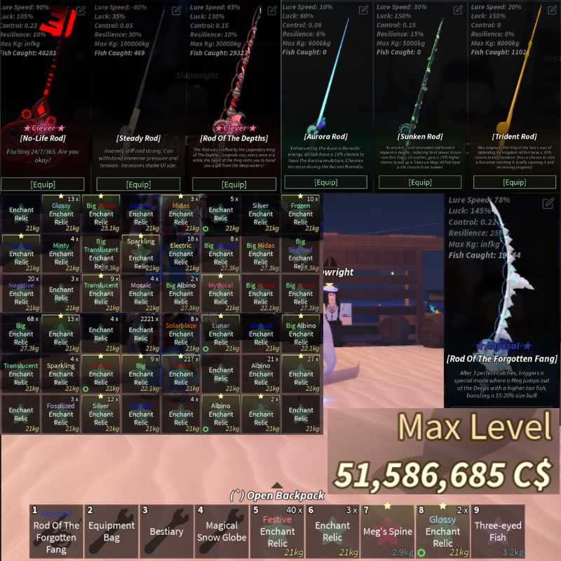 SALEID578Fisch: Level 750 Max 51M C$ - 220x Hexed Relic - Rod of the ...