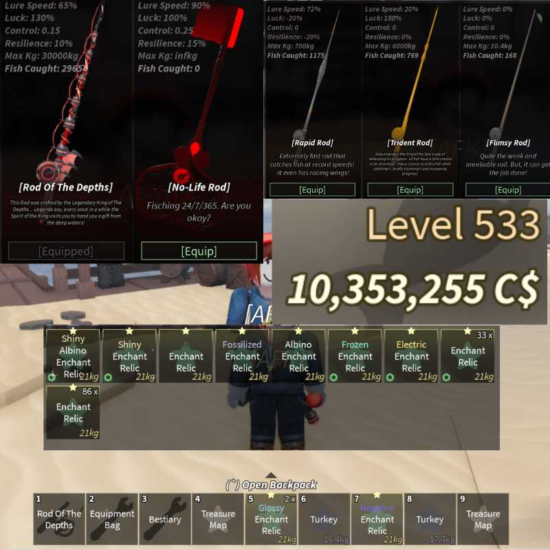 ID234Fisch: Level 533 10M3 C$ - Relic - No-Life Rod,Rod of the Depths ...