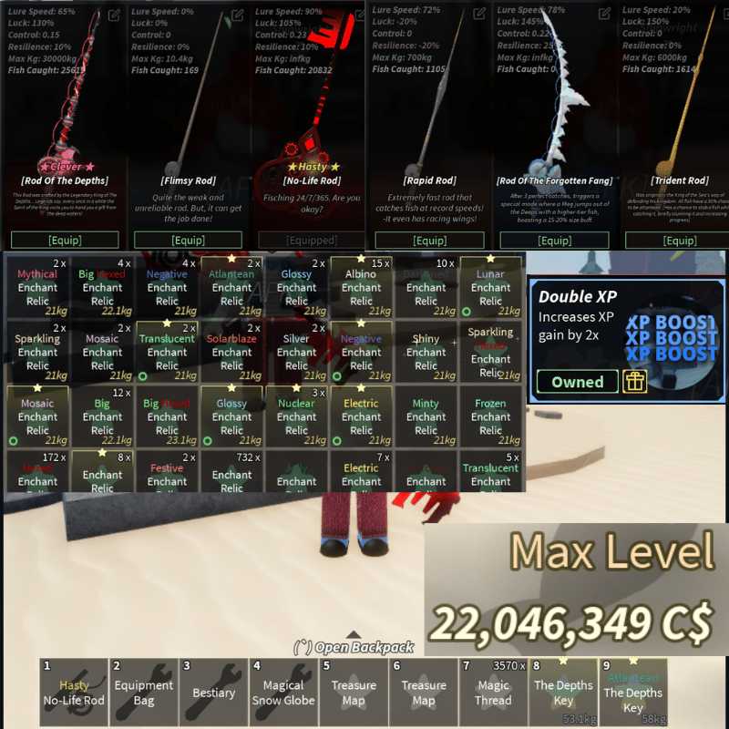 SALEID299Fisch: Level 750 Max 22M C$ X2 Exp - 175x Hexed Relic - Rod of ...