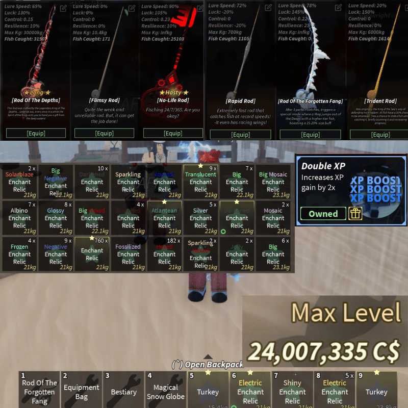 SALEID304Fisch: Level 750 Max 24M C$ X2 Exp - 185x Hexed Relic - Rod of ...