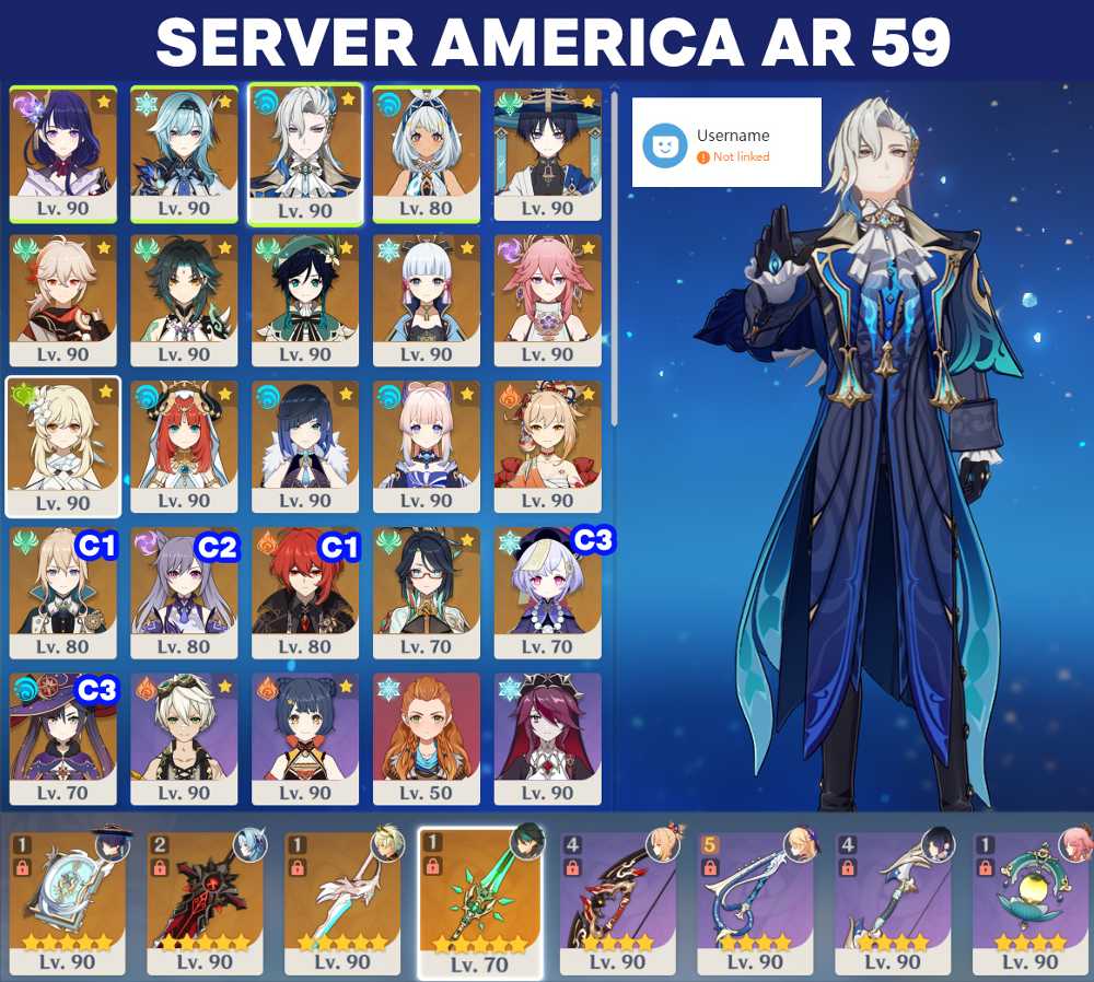 ⭐️SERVER AMERICA (NOT ASIA) AR 59 USERNAME UNSET⭐️ Raiden Shogun, Eula, Mualani, Wanderer ...