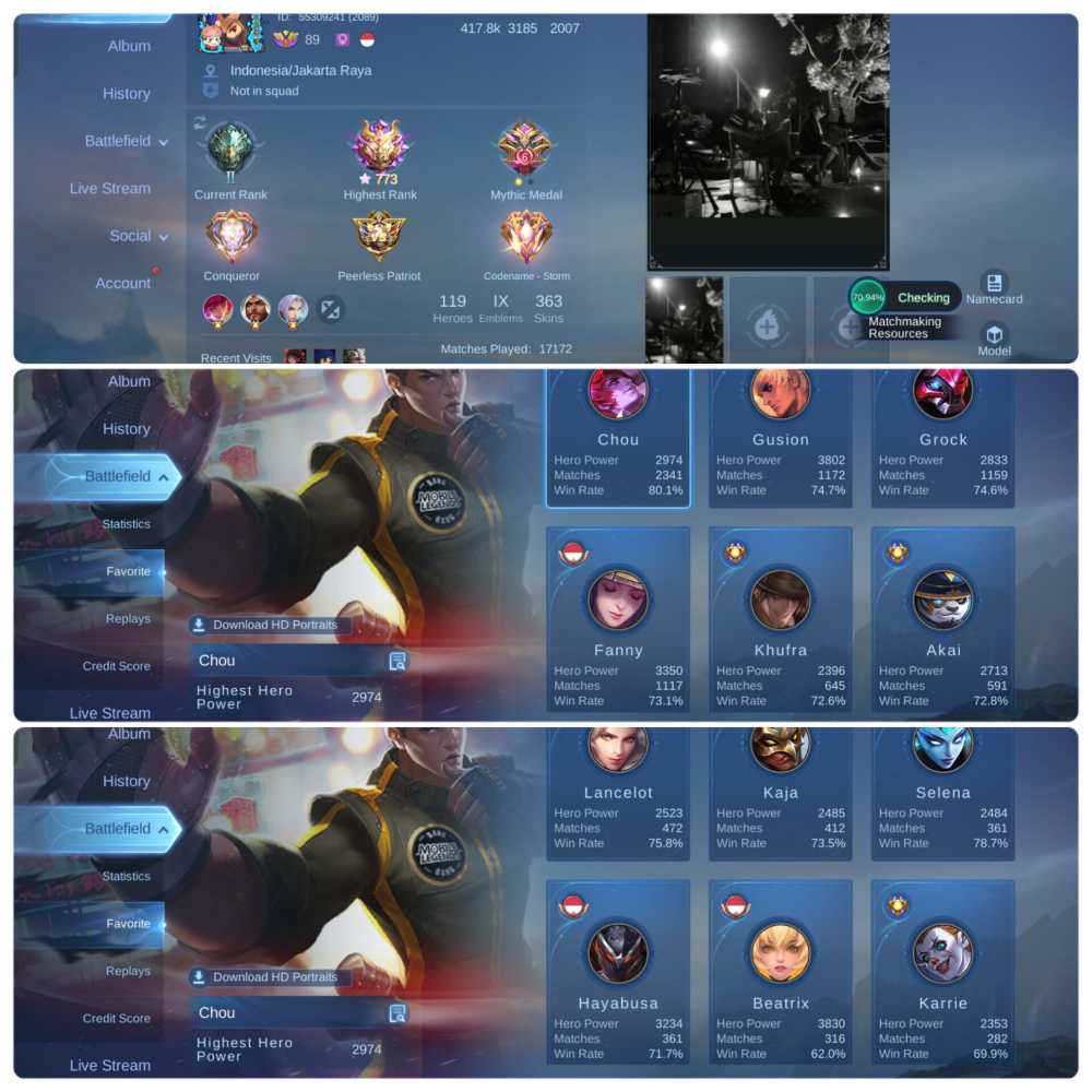 Highest 773 Stars (7k Points). All role. 3 Legend. Gusion KOF. Chou KOF