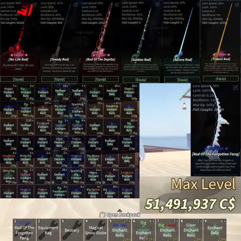 SALEID575Fisch: Level 750 Max 51M C$ - 178x Hexed Relic - Rod of the ...