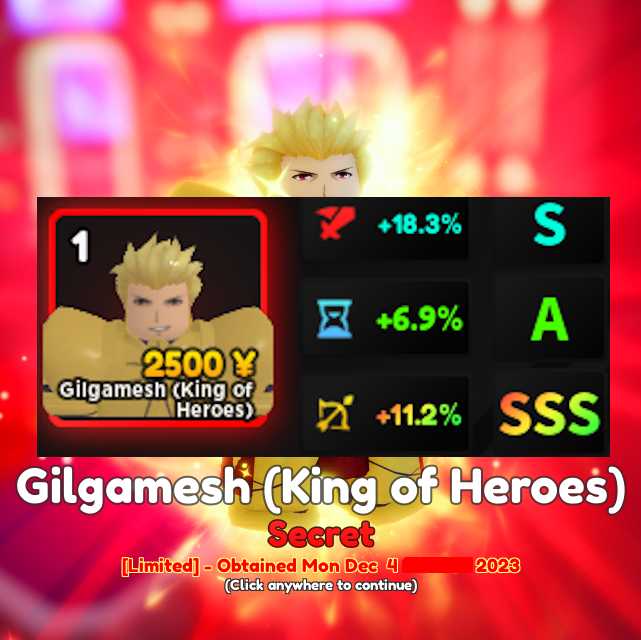 SSS Range 11.2% - Gilgamesh ( King of Heroes ) Evo - Anime Adventures AA