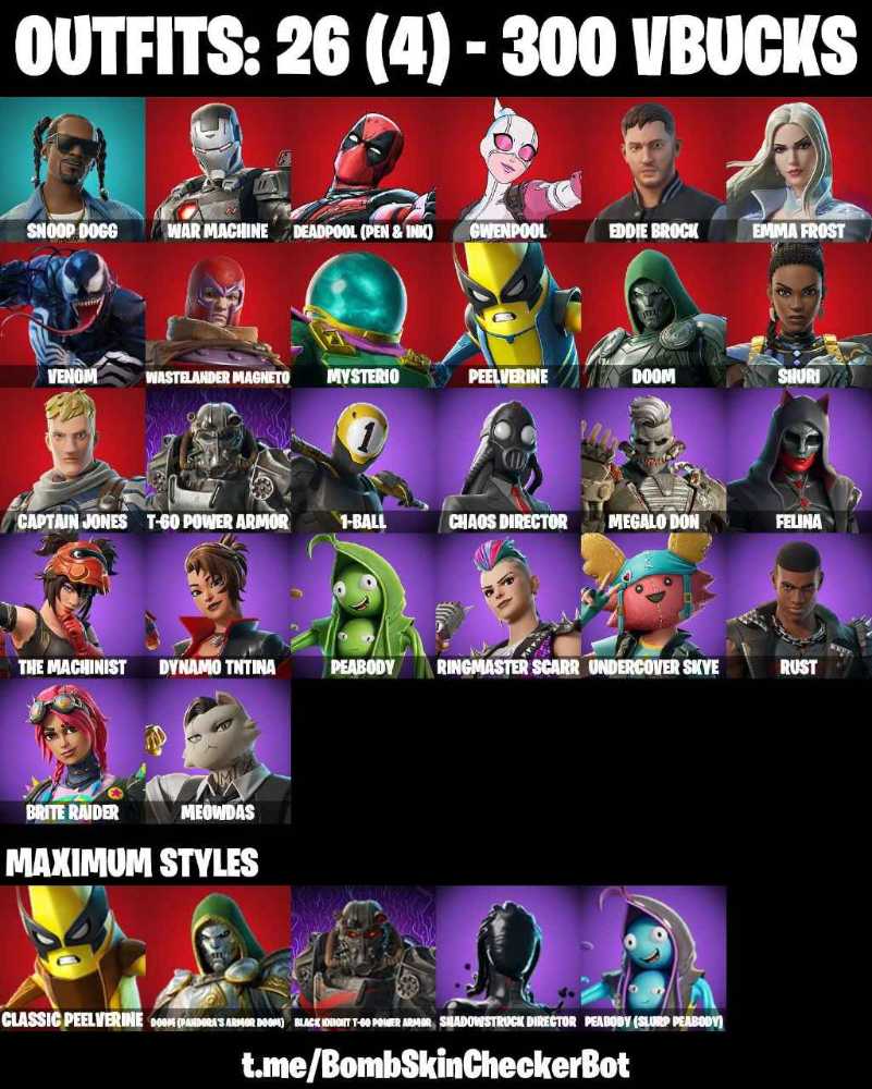 26 SKINS+VENOM+PEELVERINE(MAX)+CHAOS DIRECTOR(MAX)+PEABODY(MAX)+BRITE ...