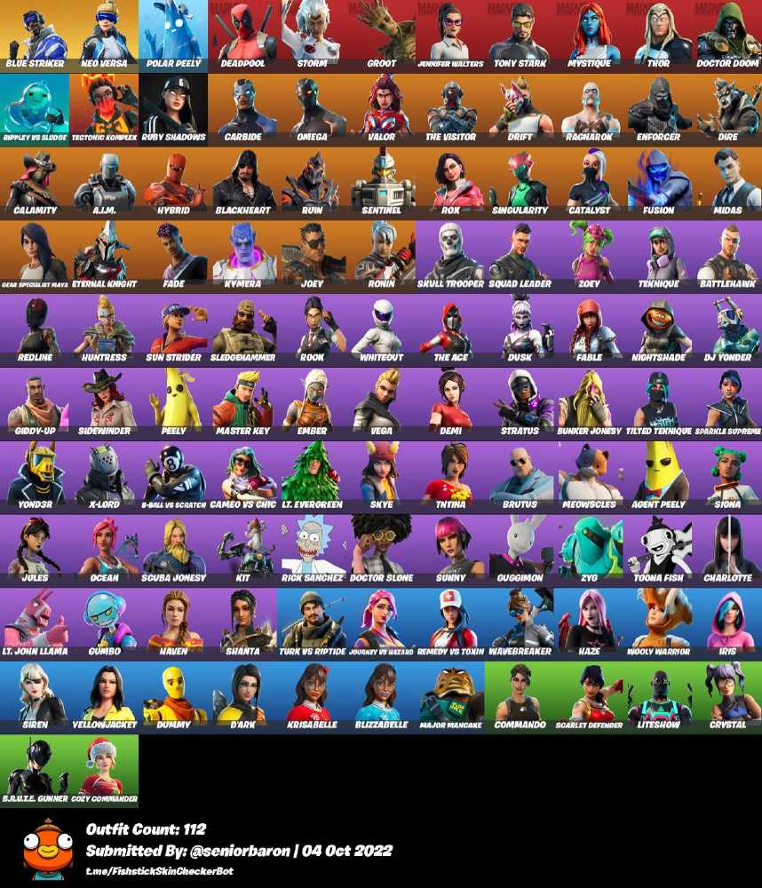 112 skins, neo versa, skull trooper, blue striker, rick sanchez ...
