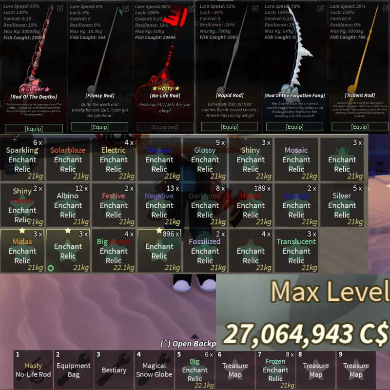 SALEID399Fisch: Level 750 Max 27M C$ X2 Exp - 190x Hexed Relic - Rod of ...