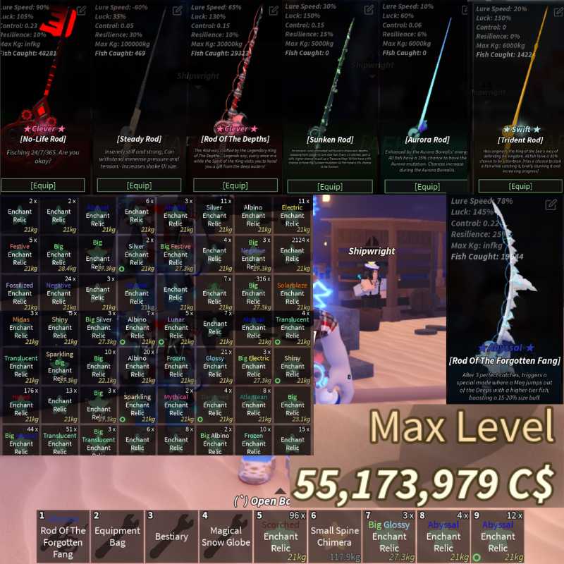 SALEID572Fisch: Level 750 Max 55M C$ - 176x Hexed Relic - Rod of the ...