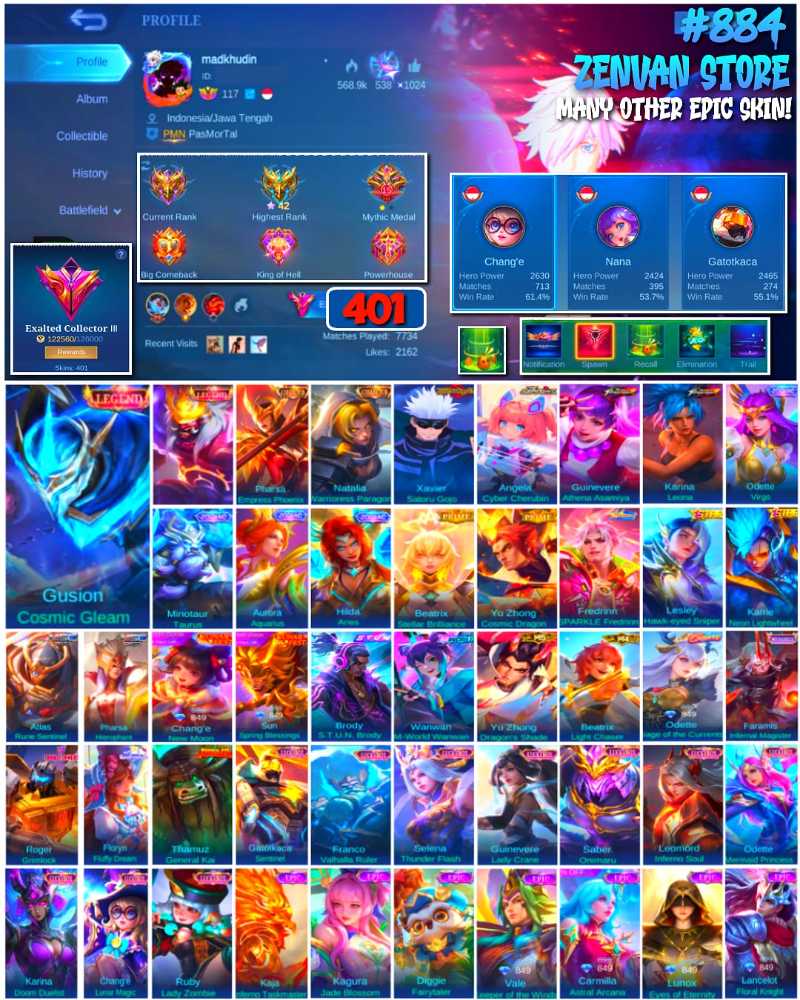 #884 401 Skin ⭐ Legend Gusion, Franco Collector Pharsa, Natalia Jujutsu ...