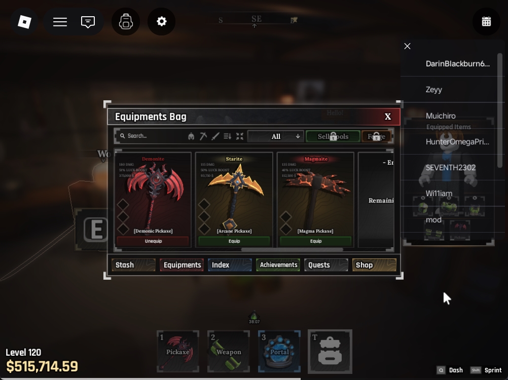 ID 390:LV 120 515K Coin Demonic Pickaxe, Arcane Pickaxe, Magma Pickaxe ...