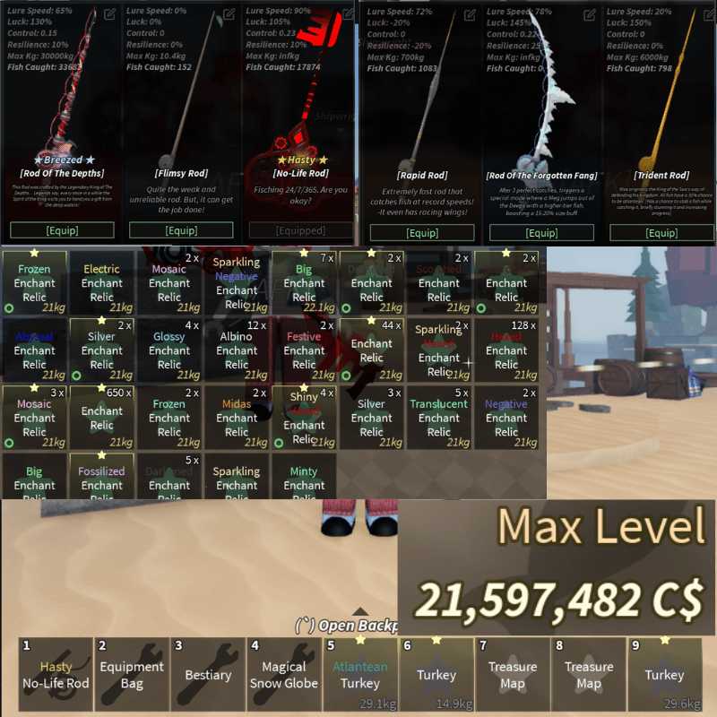 SALEID406Fisch: Level 750 Max 21M C$ X2 Exp - 130x Hexed Relic - Rod of ...