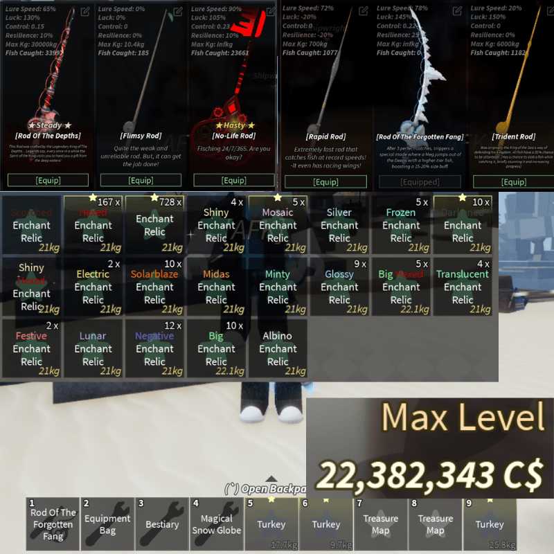 SALEID362Fisch: Level 750 Max 22M C$ X2 Exp - 170x Hexed Relic - Rod of ...