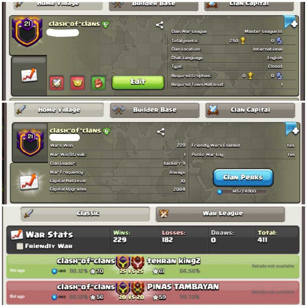 LEVEL 21⭐NAME- clash of clans ⭐MASTER LEAGUE 1⭐229:182 WAR LOG⭐CLAN ...