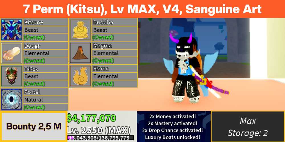 7 Permanent Fruit Kitsune Sanguine Art Max Level V4 Kitsune T Rex Mammoth Portal