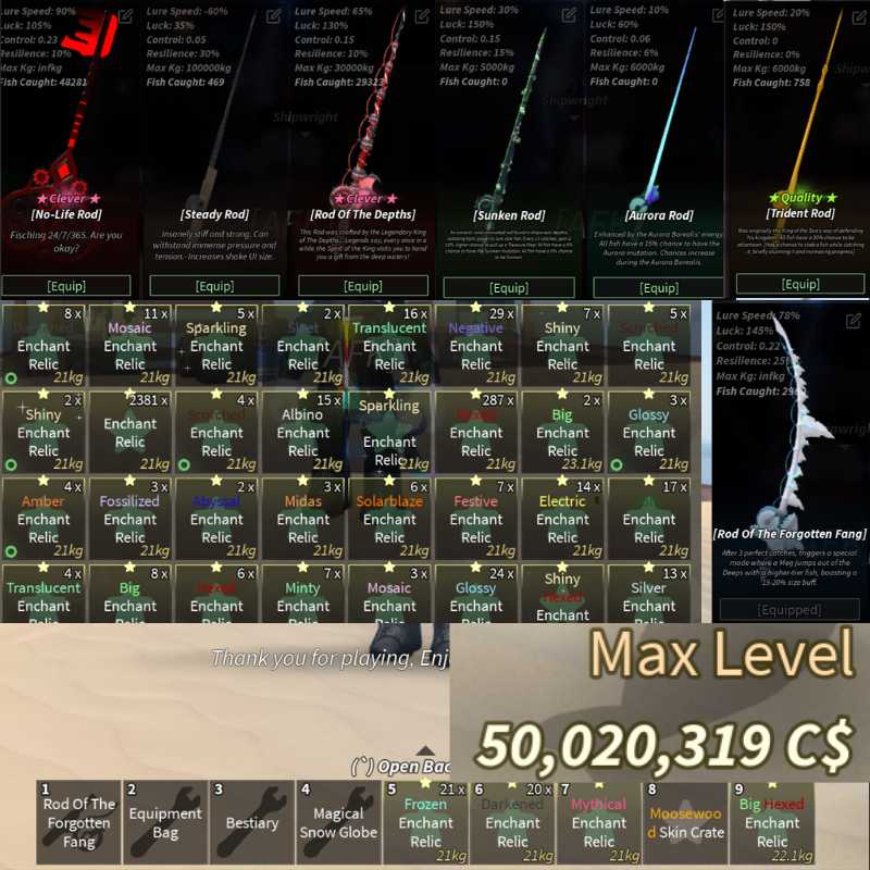 SALEID561Fisch: Level 750 Max 50M C$ - 294x Hexed Relic - Rod of the ...