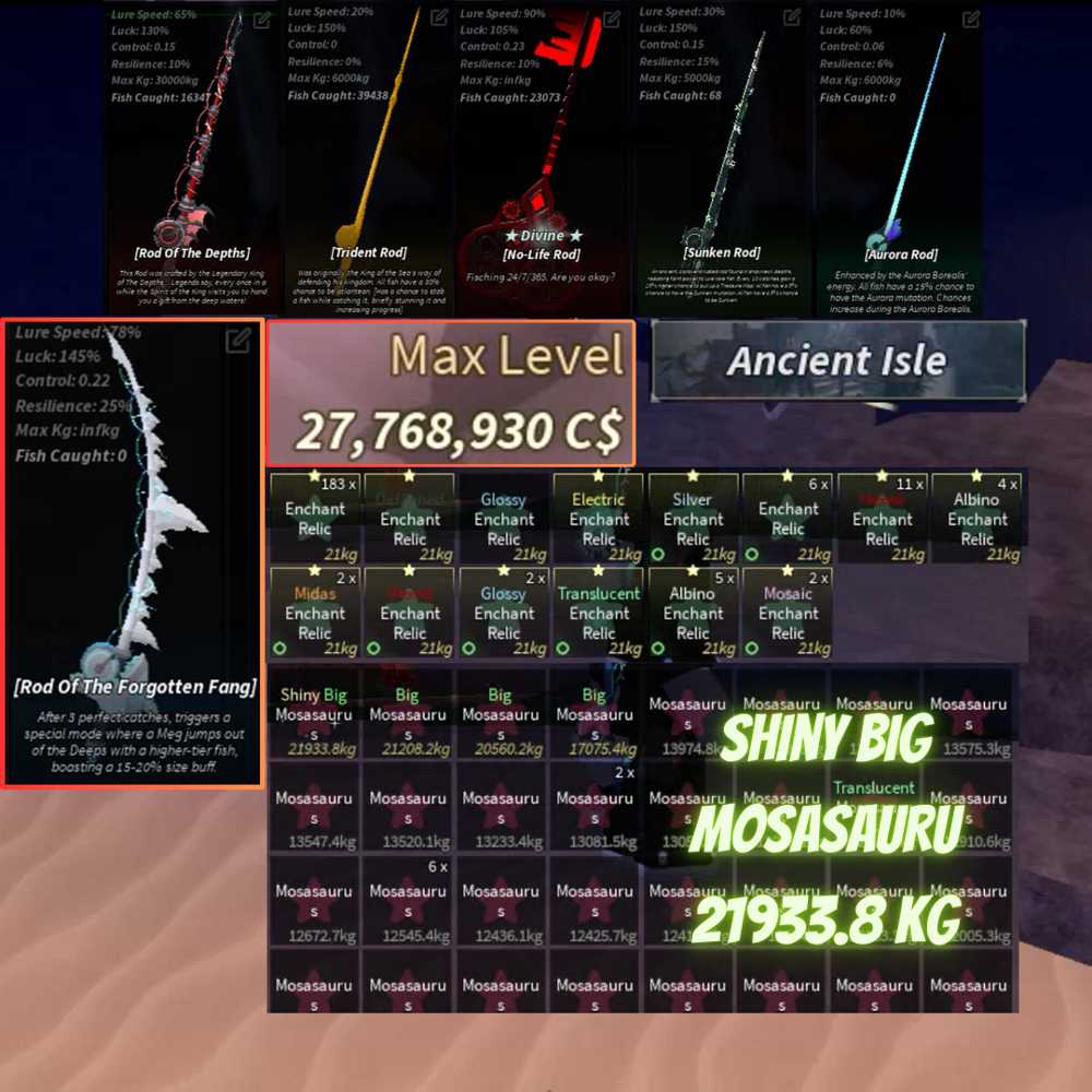SALE[Fisch] ID106: Level 750 Max 27M7 C$ - Rod Of The Forgotten Fang ...