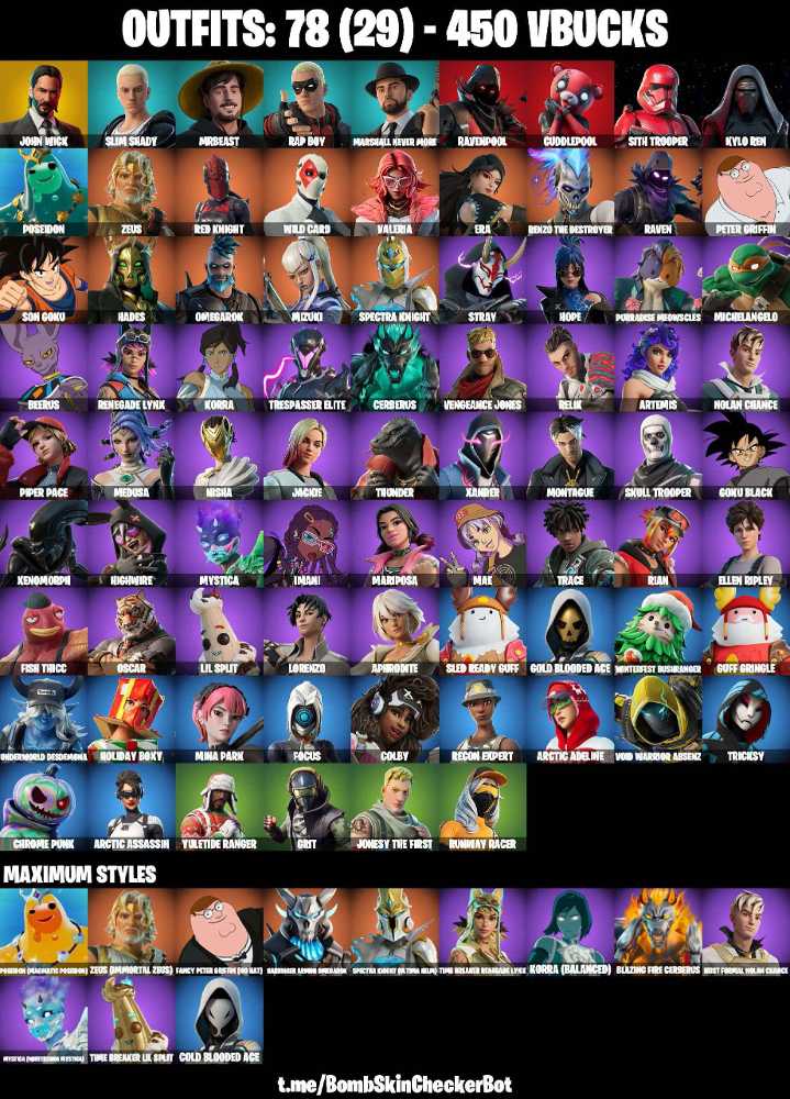 78 SKINS+GET GRIDDY+SKULL TROOPER+JOHN WICK+MINA PARK+XENOMORPH+MYSTICA ...