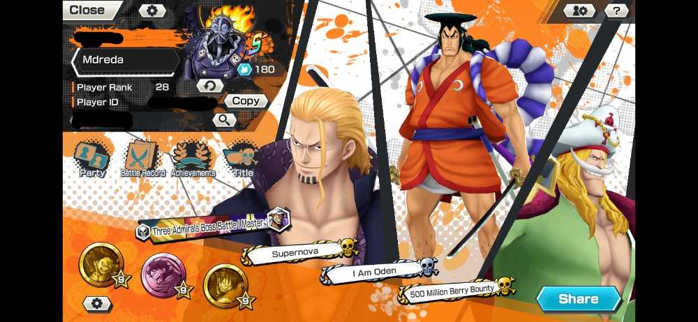 [OPBR Account] Extreme Kozuki Oden Level Max 6 star with good support and medals | Global ...