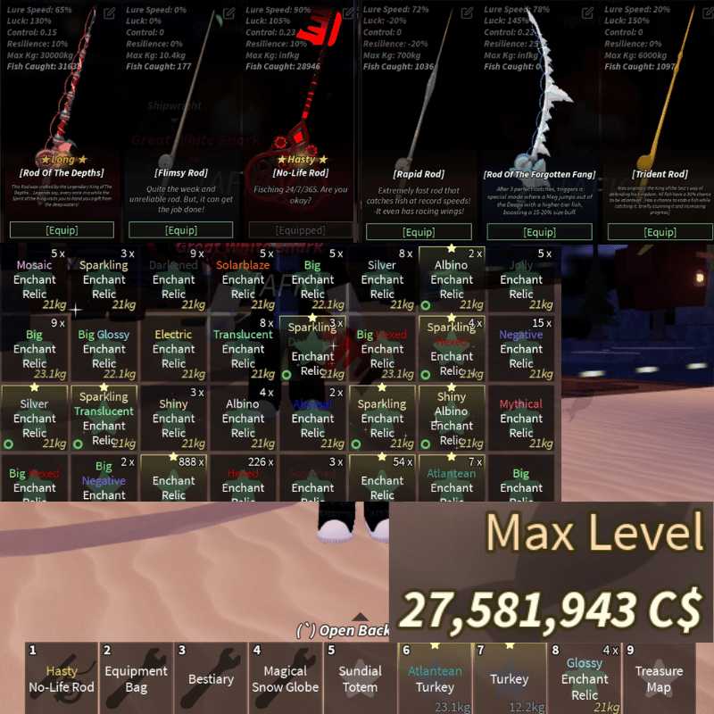SALEID426Fisch: Level 750 Max 27M C$ X2 Exp - 230x Hexed Relic - Rod of ...