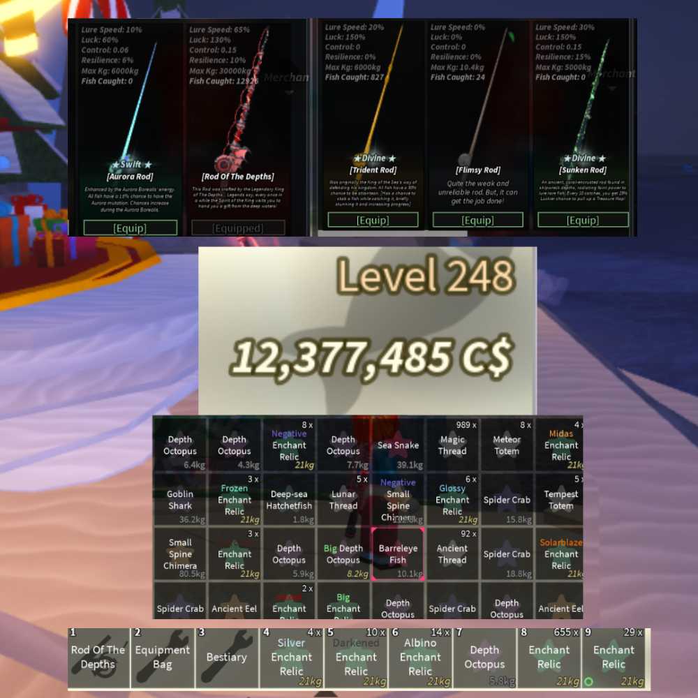 ID 64Fisch: Level 248- 12m C$ - ,- Sunken Rod-Aurora Rod -Trident rod ...