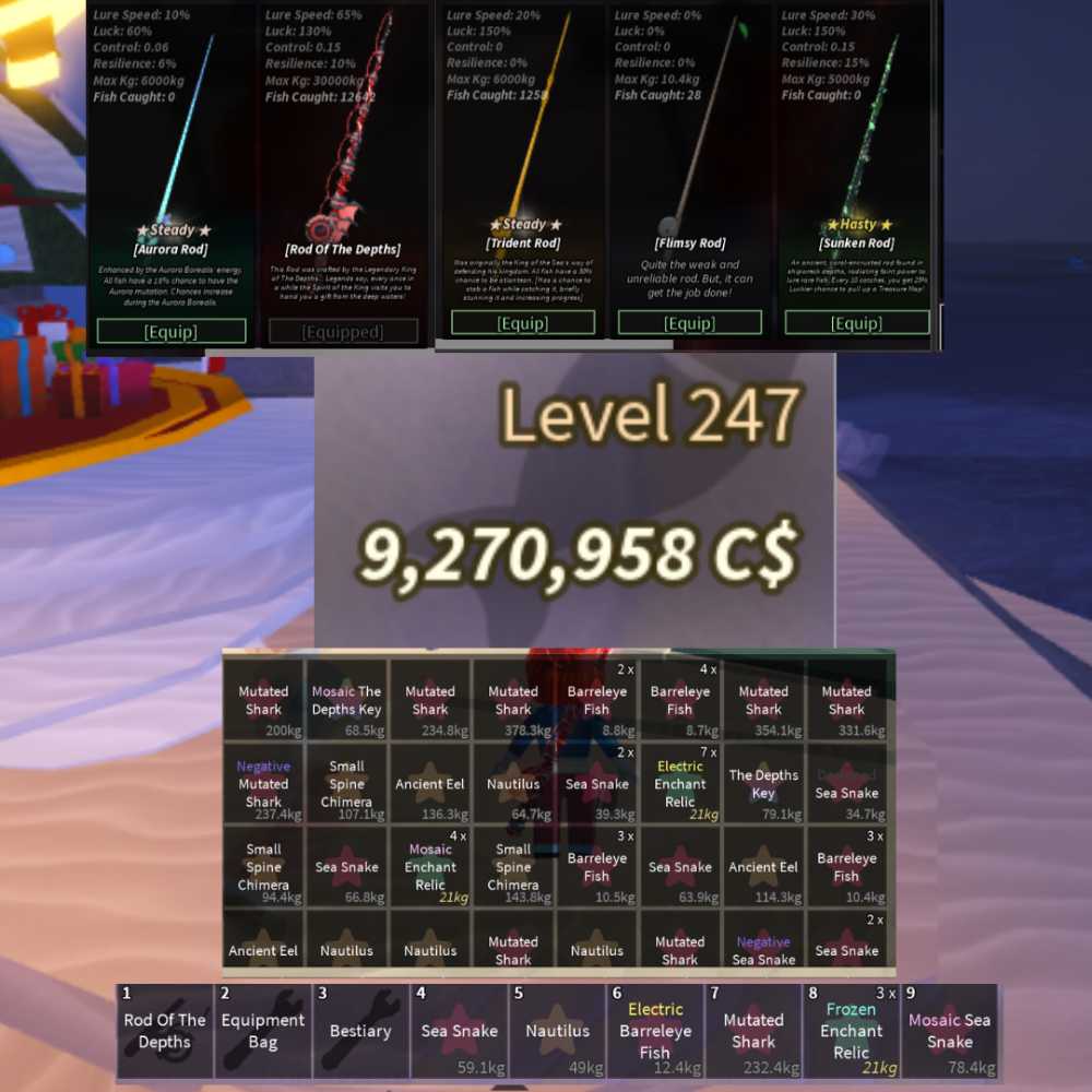 ID 65Fisch: Level 247- 9m C$ - ,- Sunken Rod-Aurora Rod -Trident rod ...