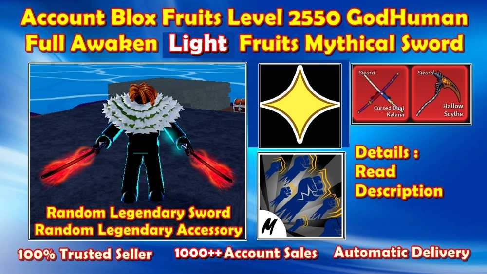 Blox Fruit Level 2550 GodHuman Full Awakened Light Fruits Cursed Dual ...