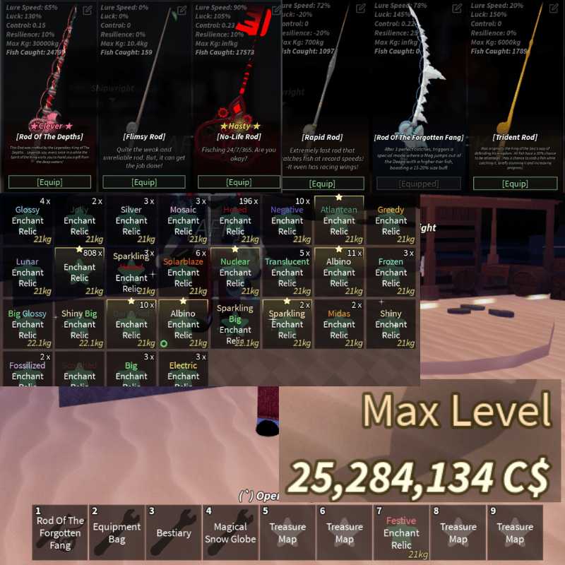 SALEID384Fisch: Level 750 Max 25M C$ X2 Exp - 199x Hexed Relic - Rod of ...