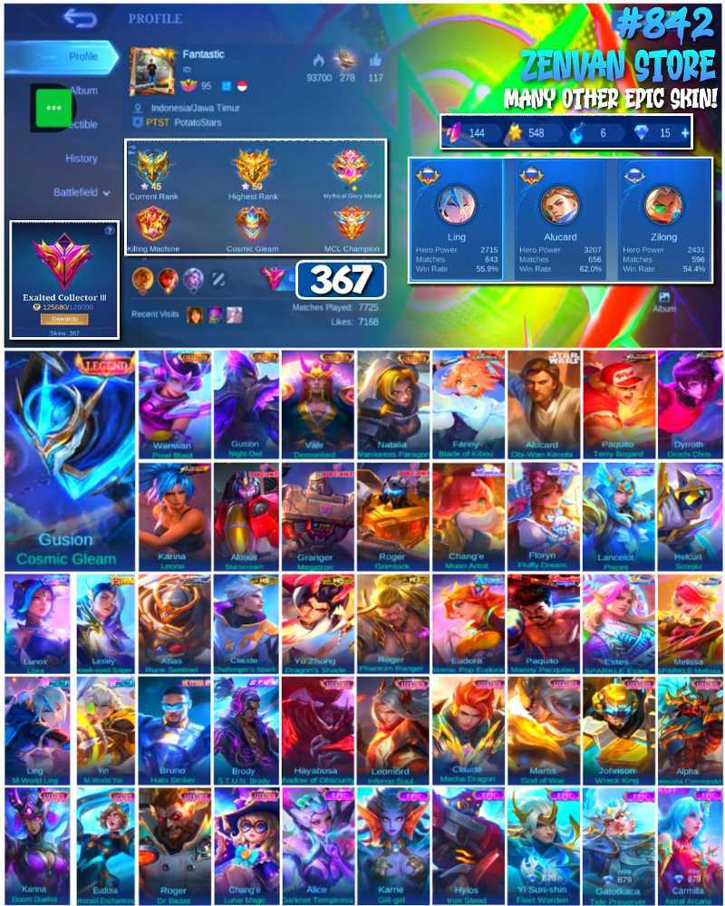 #842 367 Skin ⭐ Legend Gusion Collector WanWan,Gusion,Valir, Natalia ...