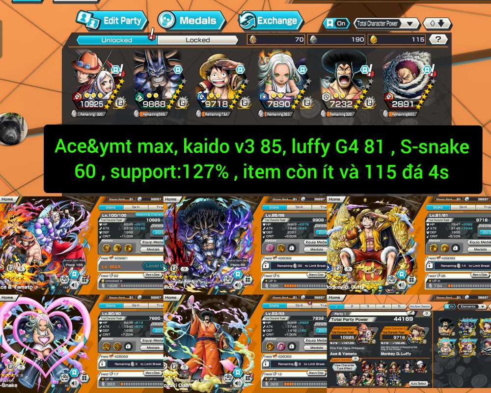 IOS+Android-4 Ex(Kaido V3+Luffy King+S-Snake+AceYamato Max)-Good BF Oden+Katakuri-SP 127%-Good ...