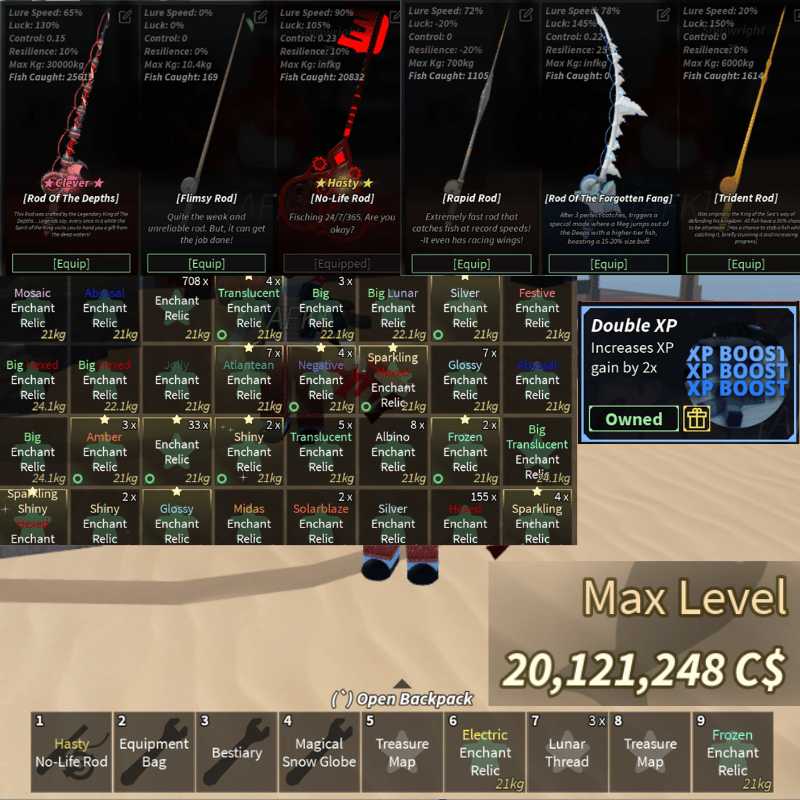 SALEID296Fisch: Level 750 Max 20M1 C$ X2 Exp - 155x Hexed Relic - Rod ...