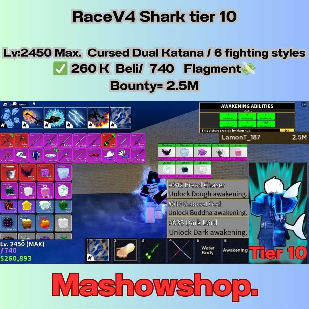 Race V4 Shark V4 tier 10 Dough AWAKENING Lv:2450 Max. Cursed Dual ...