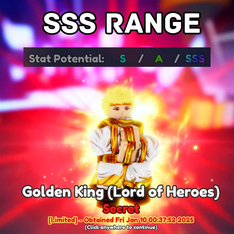 A485Golden King Evo SSS Range 11.0% - Anime Adventures - Instant Delivery