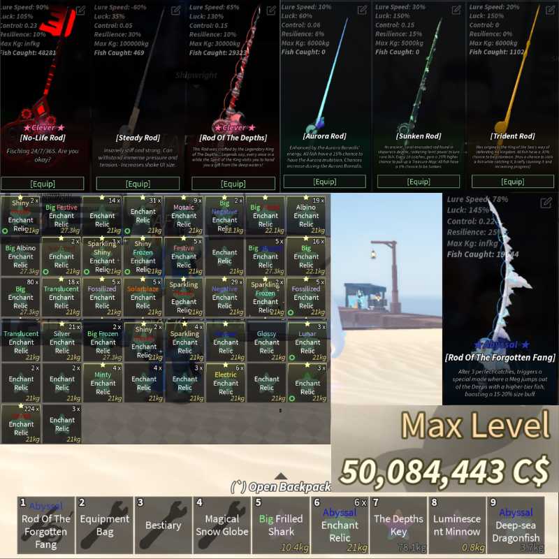 SALEID580Fisch: Level 750 Max 50M C$ - 230x Hexed Relic - Rod of the ...