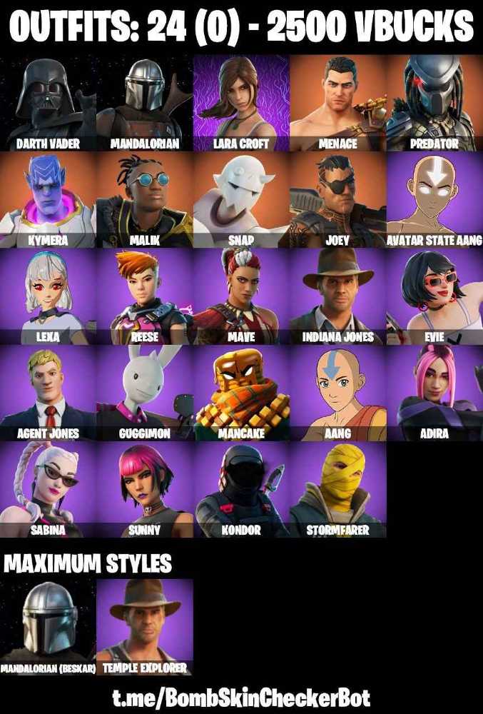 24 SKINS+FULL BESKAR MANDALORIAN+DARTH VADER+LARA CROFT+PREDATOR+EVIE ...