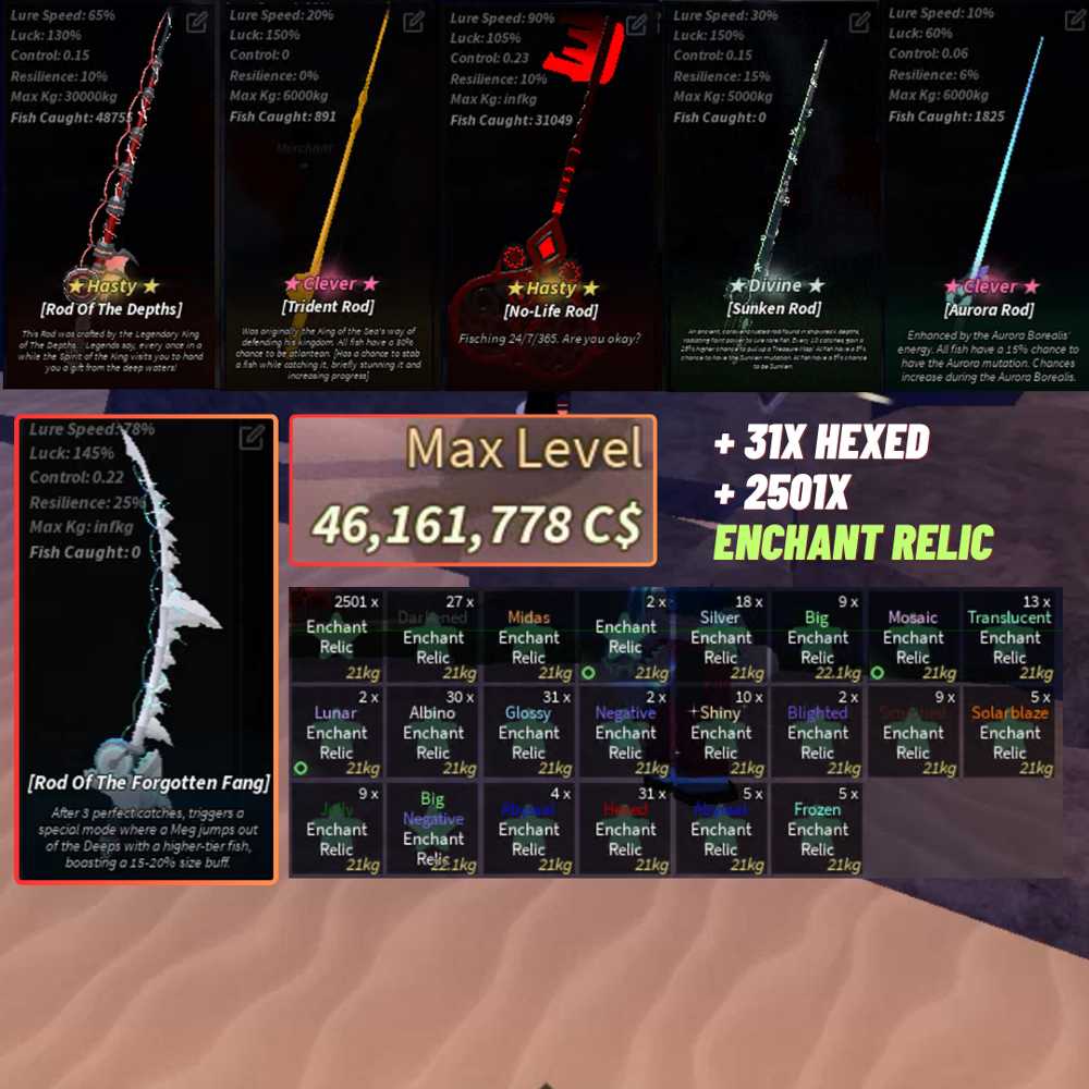 SALE[Fisch] ID125: Level 750 Max 46M1 C$ - Rod Of The Forgotten Fang ...