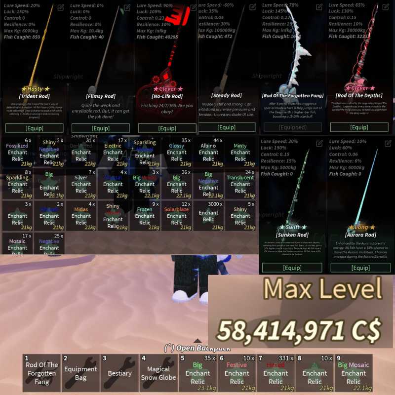 SALEID409Fisch: Level 750 Max 58M C$ - 335x Hexed Relic - Rod of the ...