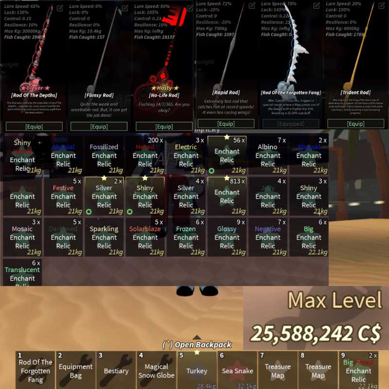 SALEID373Fisch: Level 750 Max 25M C$ X2 Exp - 200x Hexed Relic - Rod of ...