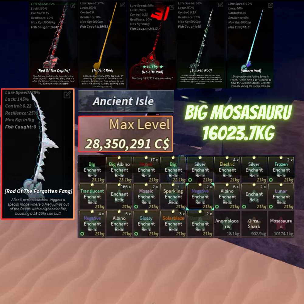 SALE[Fisch] ID110: Level 750 Max 28M3 C$ - Rod Of The Forgotten Fang ...