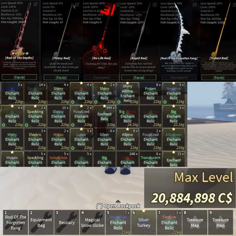 SALEID366Fisch: Level 750 Max 20M C$ X2 Exp - 250x Hexed Relic - Rod of ...